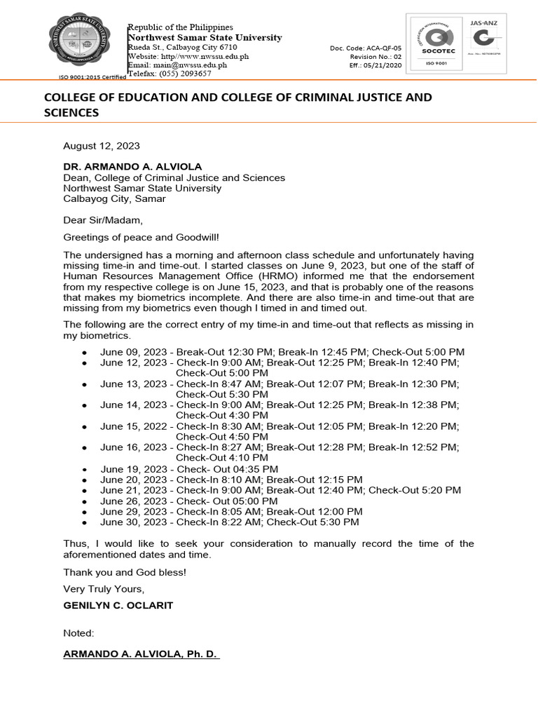 Genilyn Missing Time in and Time Out Letter | PDF