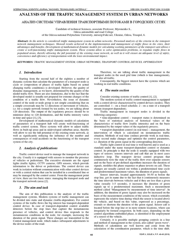 Mtm 2016 4 46 Analysis Of The Traffic Management System In Urban Networks Pdf Traffic