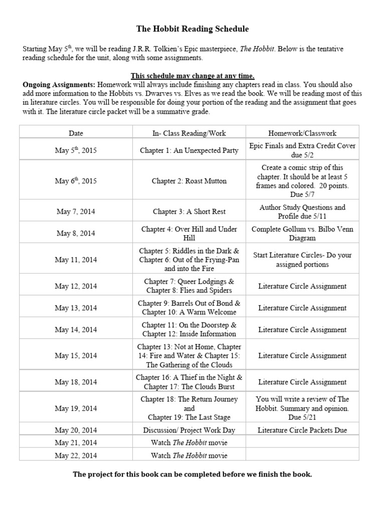 The Hobbit Reading Schedule | PDF | The Hobbit | Hobbit