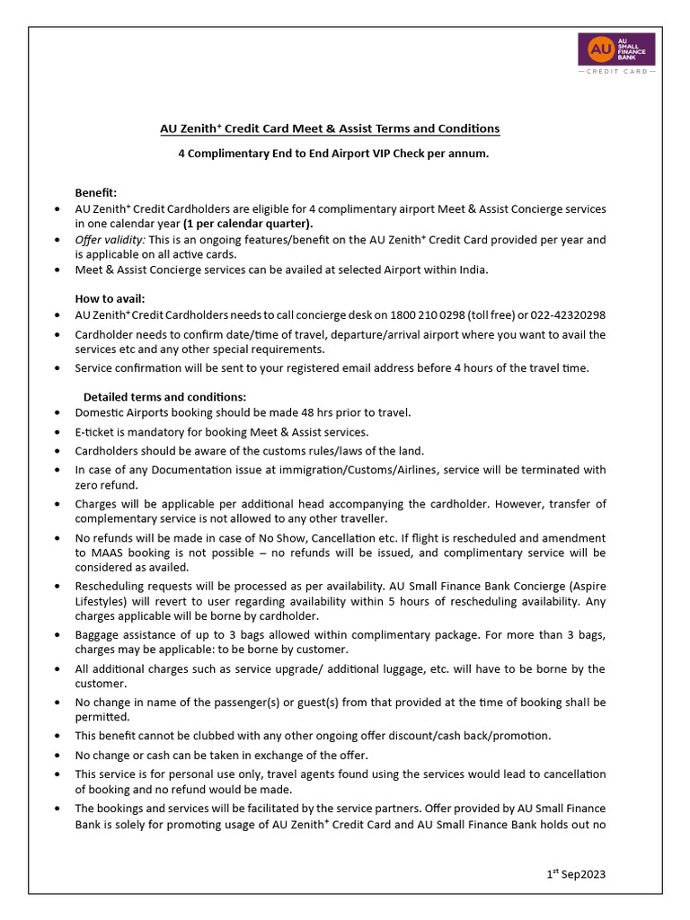 AU Zenith+ Credit Card Benefits Guide | PDF | Credit Card | Baggage