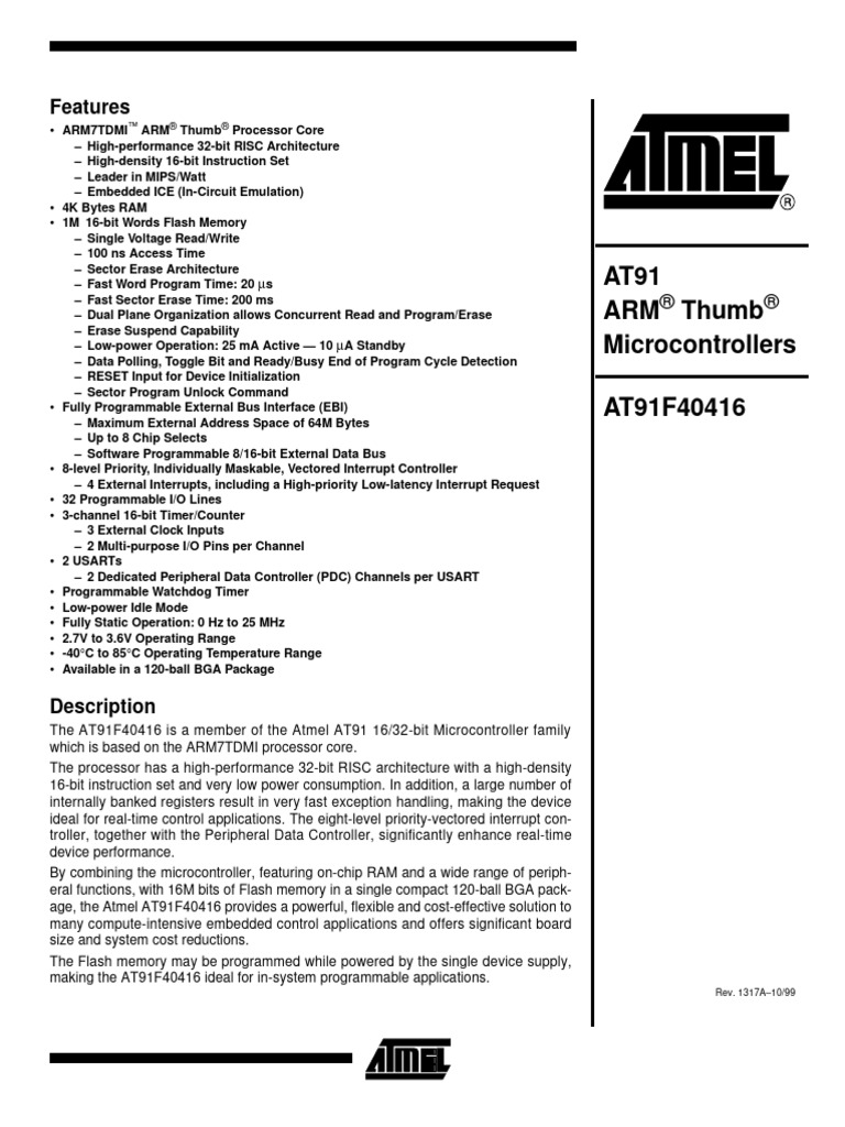 At91 Arm Thumb Microcontrollers At91f40416 Features Pdf