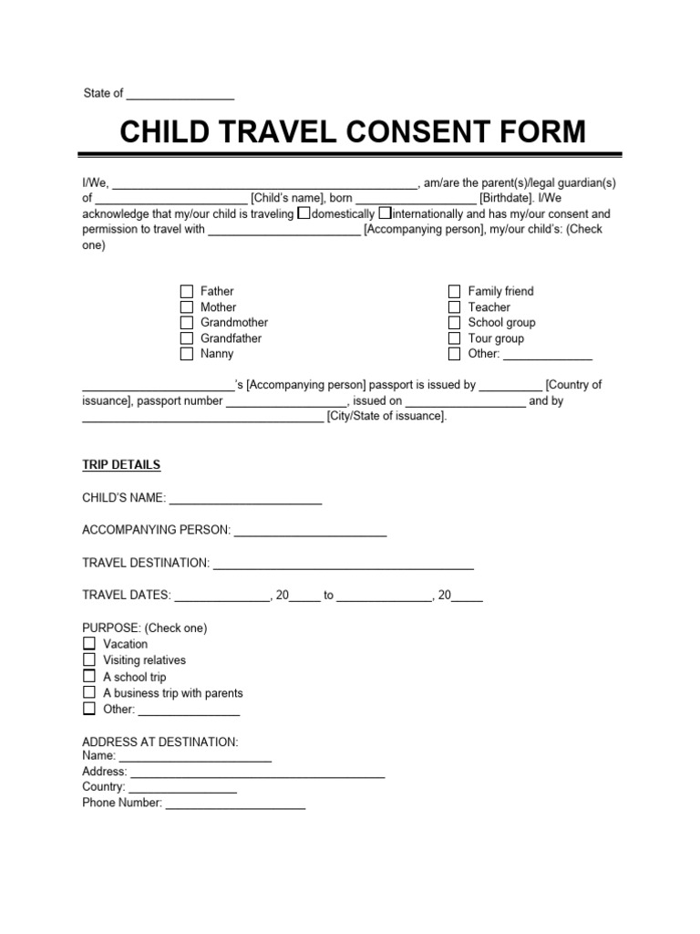 Child Travel Consent Form | PDF | Informed Consent | Birth Certificate