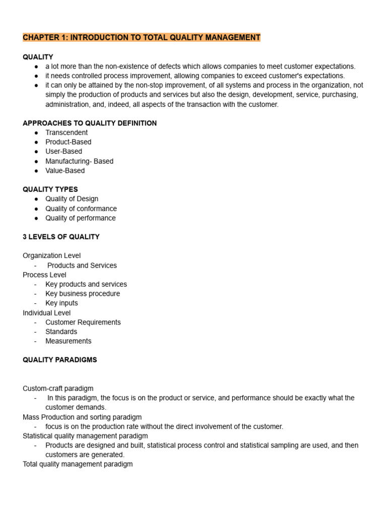 TQM Chapter 1-5 | PDF | Quality (Business) | Lean Manufacturing