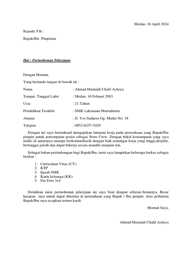 Surat Lamaran Kerja Ahmad | PDF