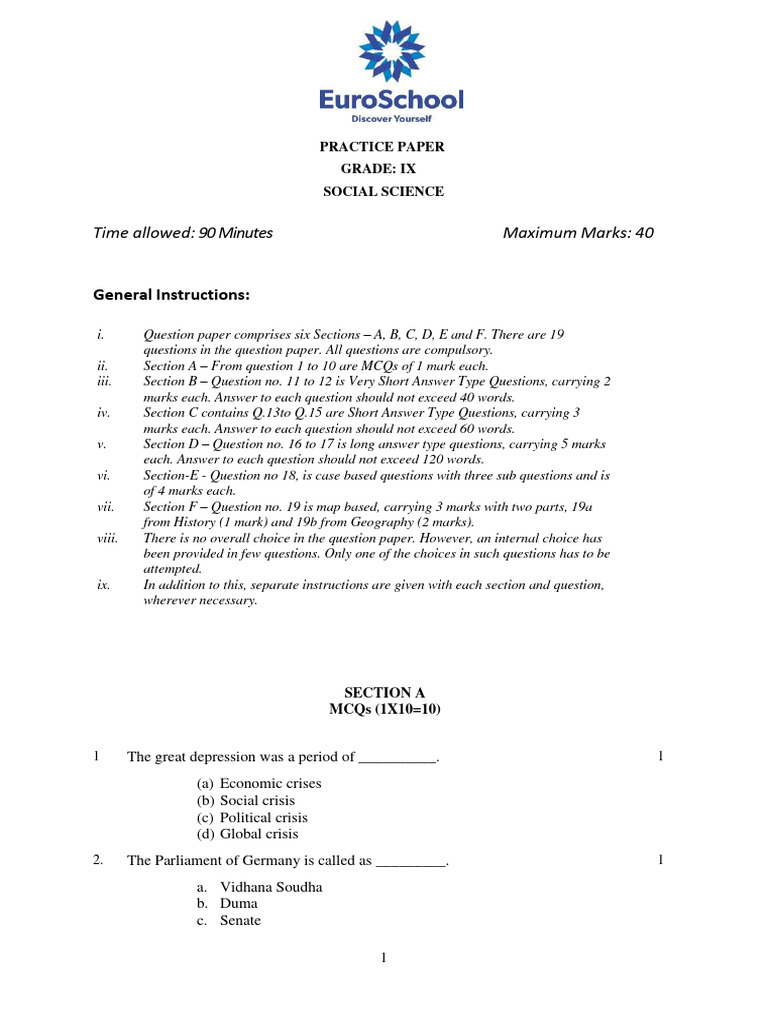 Grade 9 Social Science Practice Paper | PDF | Wound | Monsoon