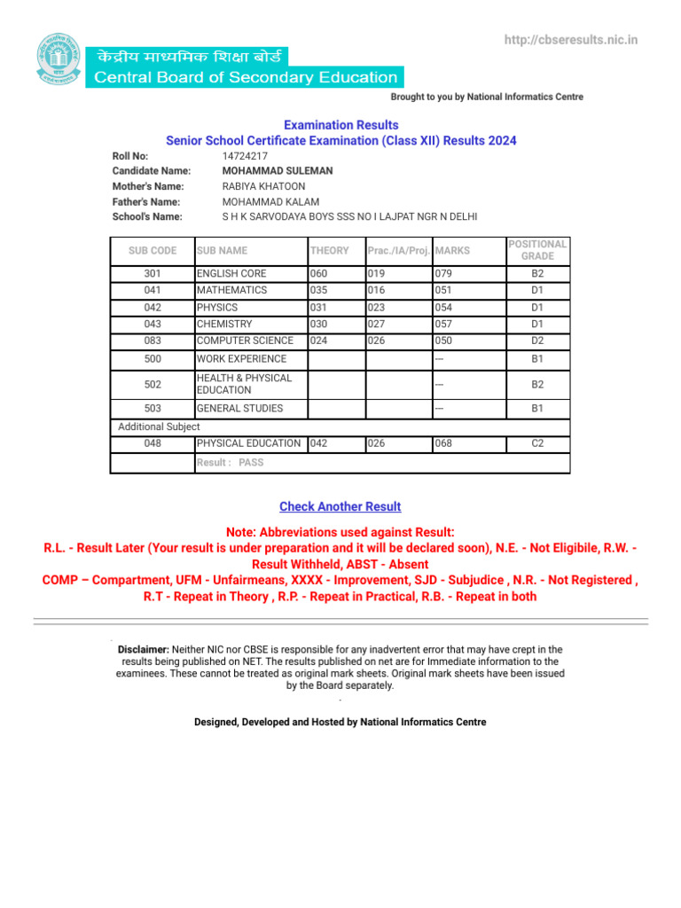 CBSE - Senior School Certificate Examination (Class XII) Results 2024 ...