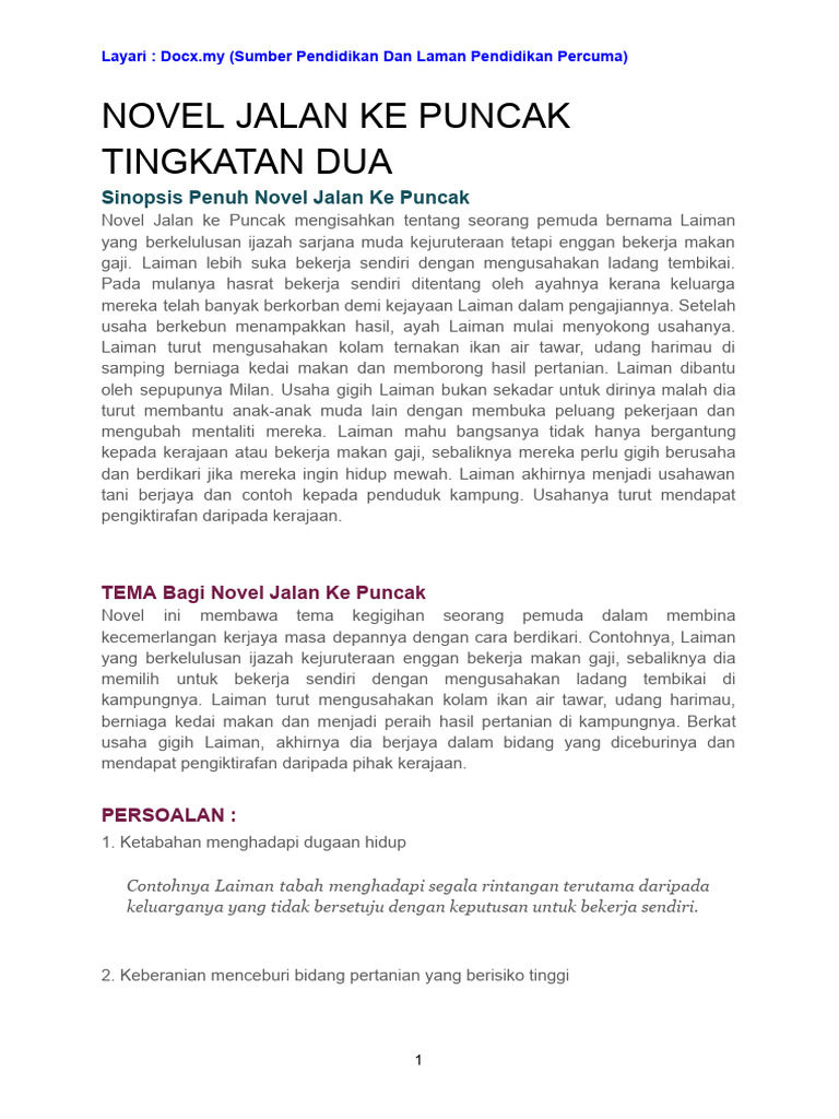 Nilai dan Tema Novel Jalan Ke Puncak | PDF