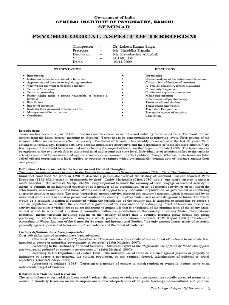 Psychological Aspect of Terrorism | PDF | Psychological Trauma | Mental ...
