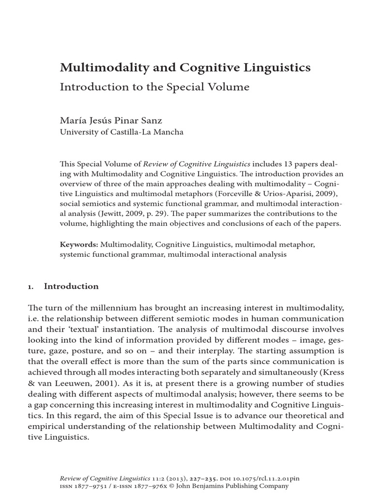 Multimodality and Cognitive Linguistics Introduction To The Spec 2013 ...