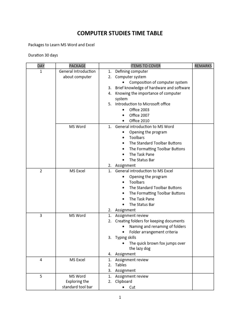 Computer Studies Time Table | PDF | Microsoft Word | Microsoft Excel