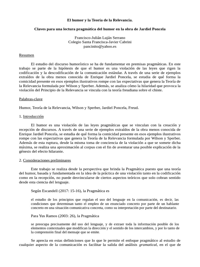 El Humor y La Teoría de La Relevancia. El Caso de Enrique Jardiel ...