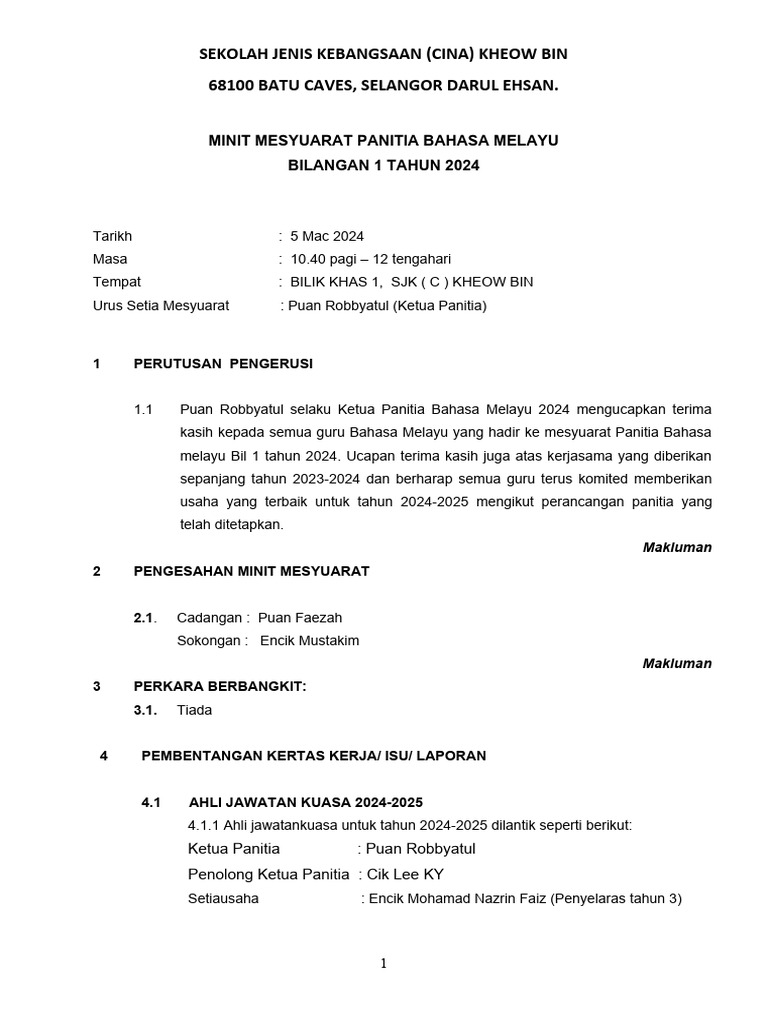 Minit Mesyuarat Bil 1 2024 - BM MAC | PDF
