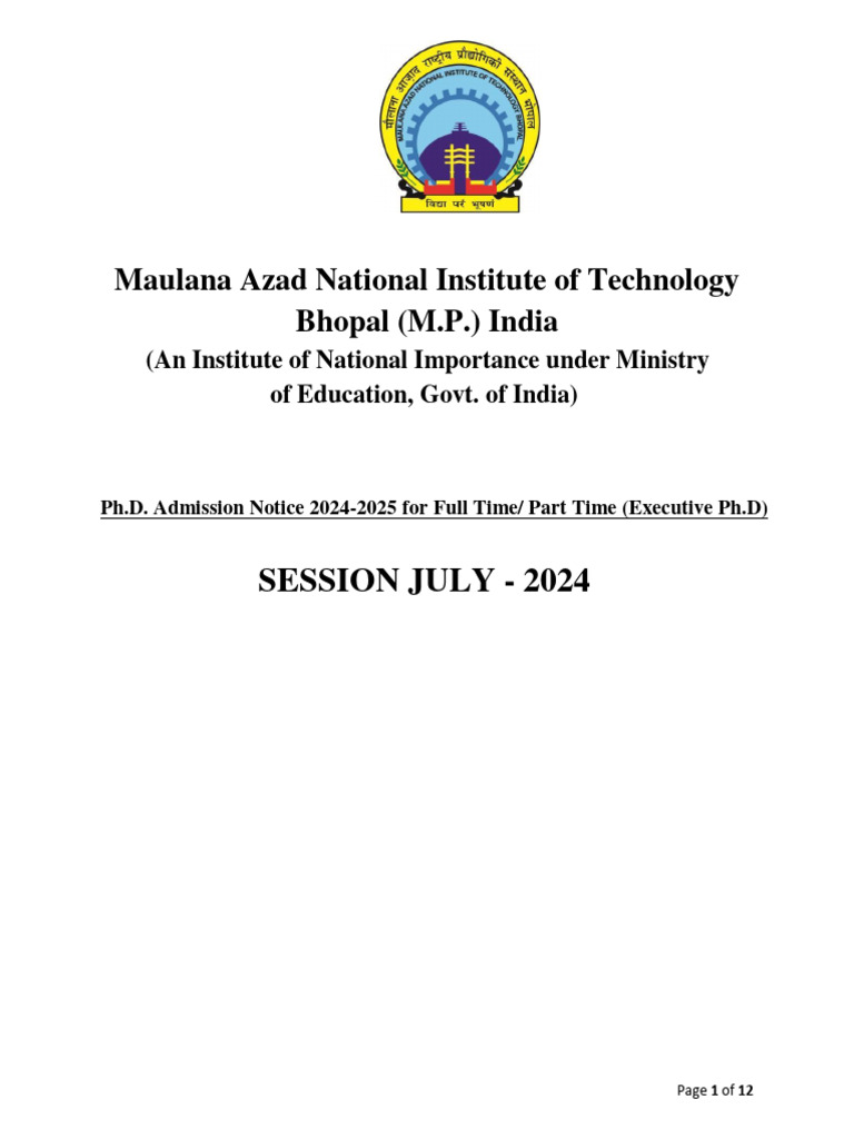 Ph.D. Admission Notice 2024-2025 at MANIT | PDF | Doctor Of Philosophy | Affidavit