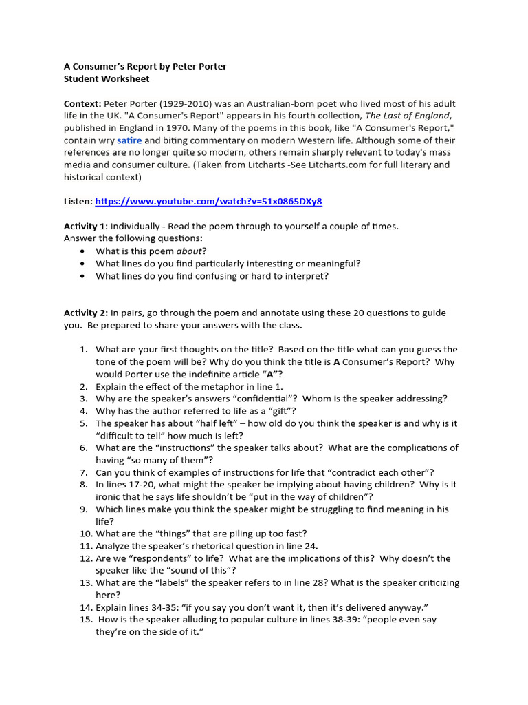 A Consumer's Report: Poem Analysis | PDF | Poetry | Consumerism