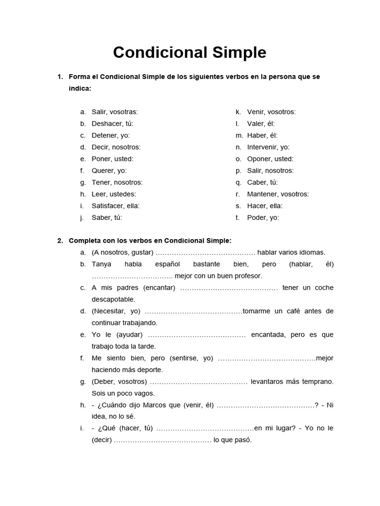 Ejercicios de Condicional Simple en Español | PDF | Artes del Lenguaje ...