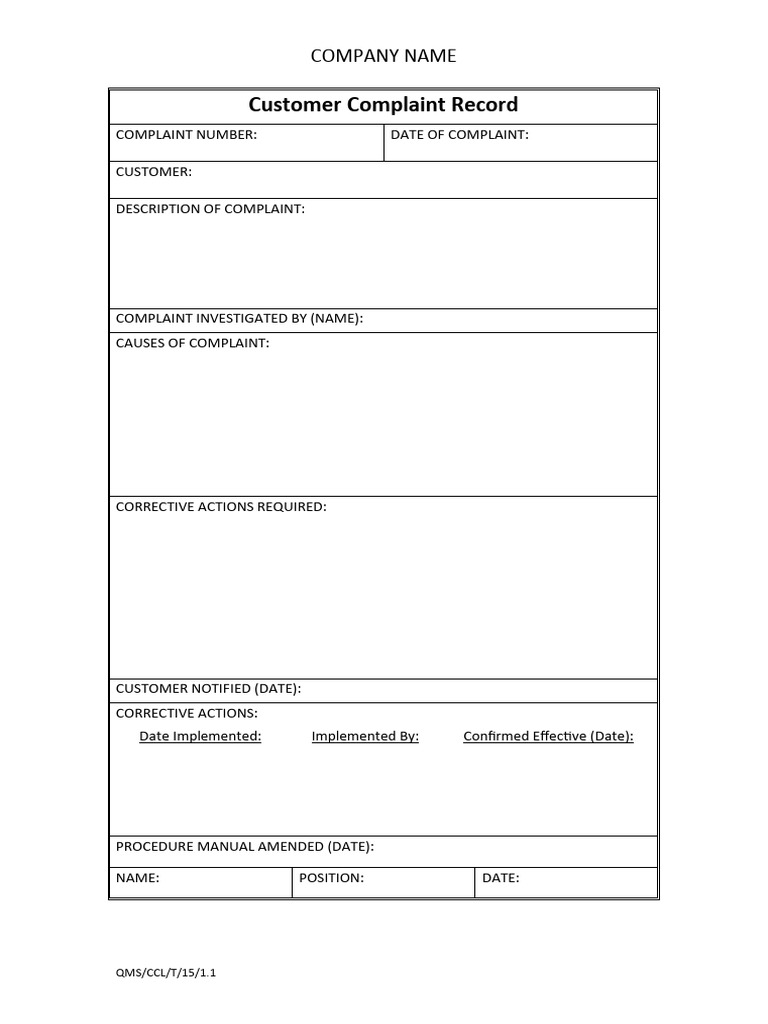 Customer Complaint Record Form | PDF | Law
