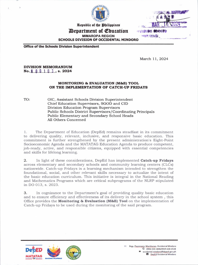DM No. 103 S. 2024 Monitoring and Evaluation Me Tool On The Implementation of Catch Up Fridays | PDF