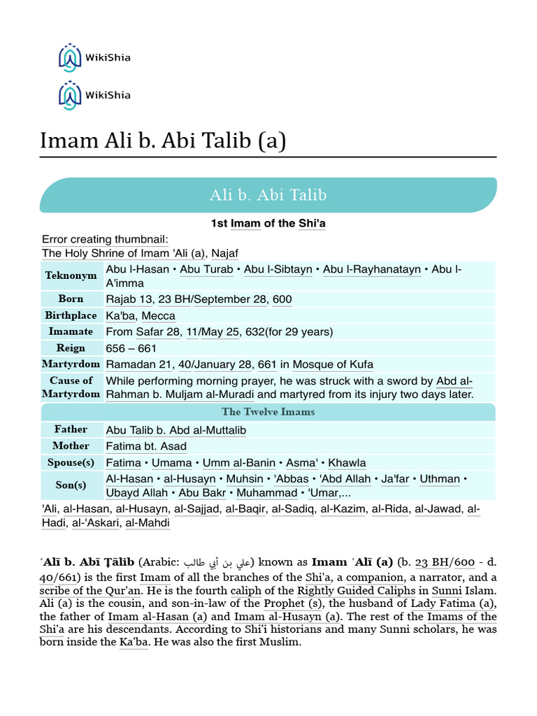 Imam Ali B. Abi Talib (A) - Wikishia | PDF | Ali | Muhammad