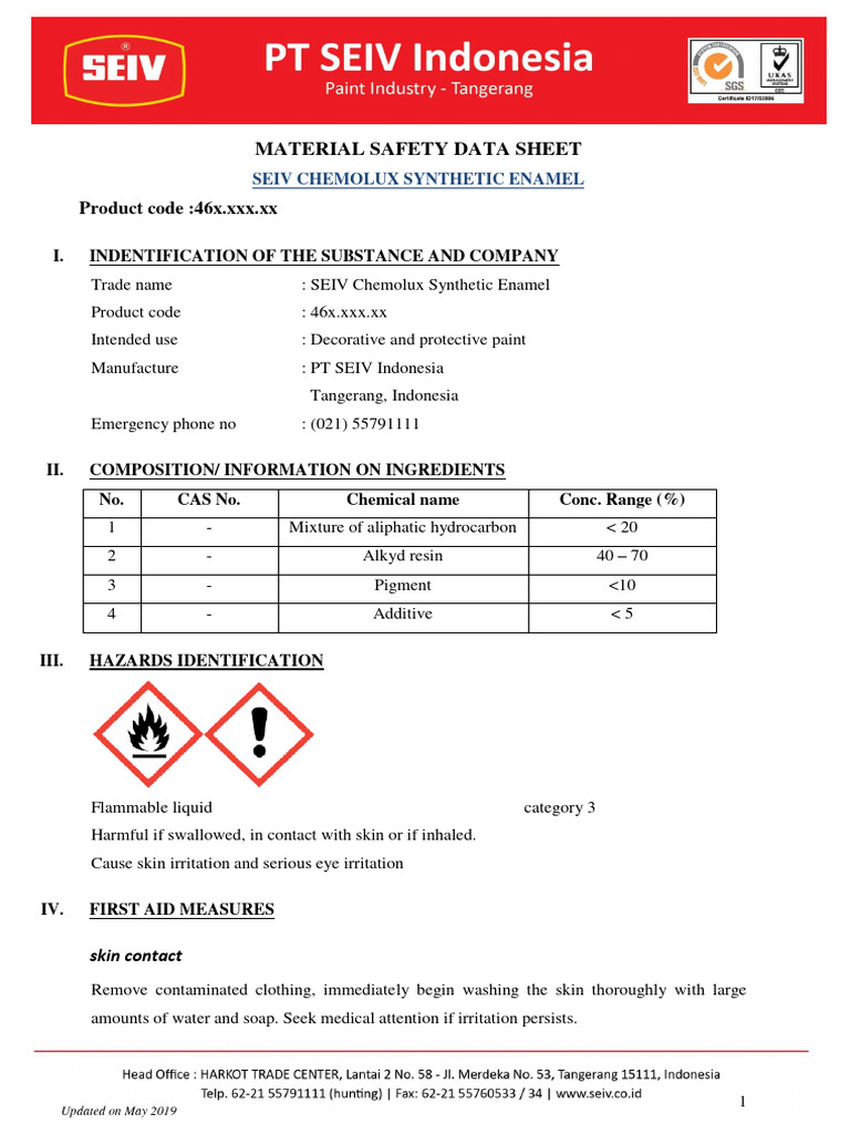 MSDS Chem Syn Enamel - Base Paint | PDF | Environmental Protection | Occupational Safety And Health