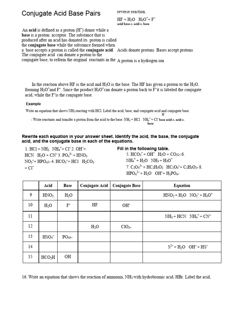 WORKSHEET #4 Conjugate Acid-Base Pairs | PDF | Acid | Materials