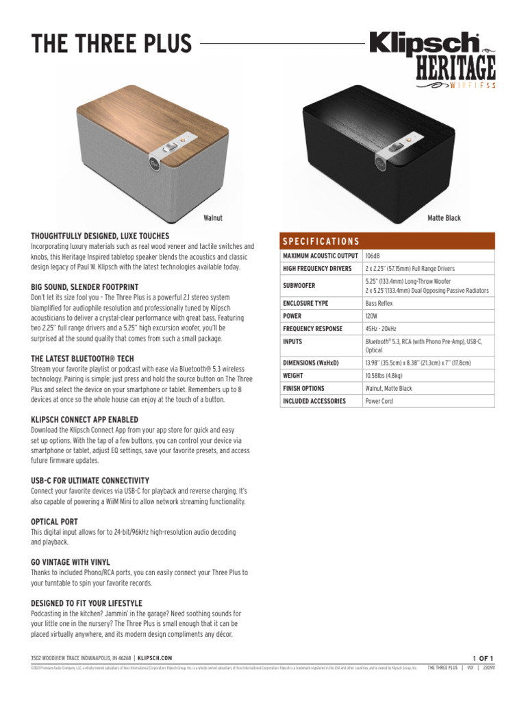 Klipsch-The Three Plus-Spec Sheet | PDF | Sound Technology | Audio Engineering