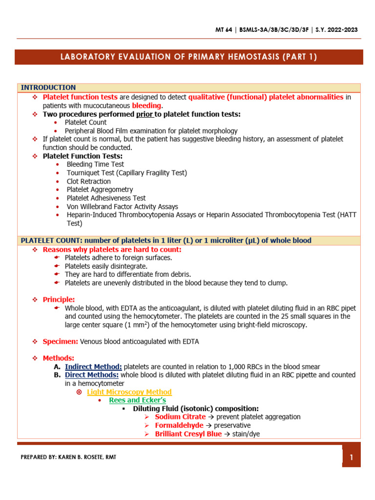 Laboratory Evaluation of Primary Hemostasis-Part 1 | PDF | Platelet ...