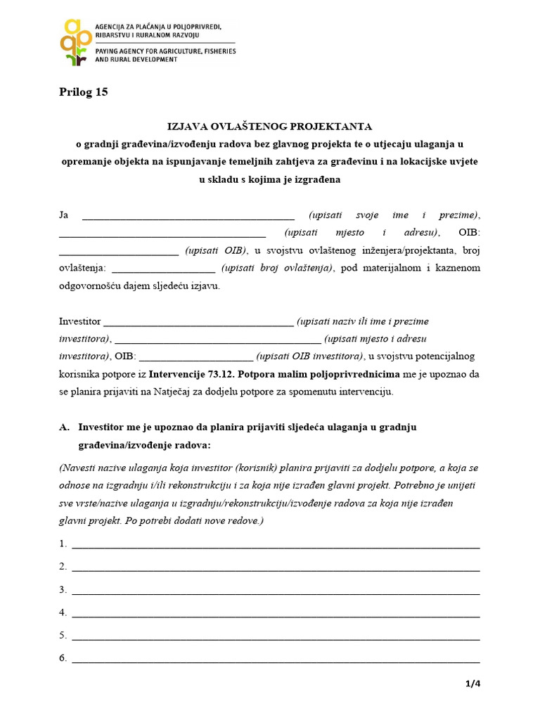 Prilog 15 - Izjava Ovlastenog Projektanta | PDF