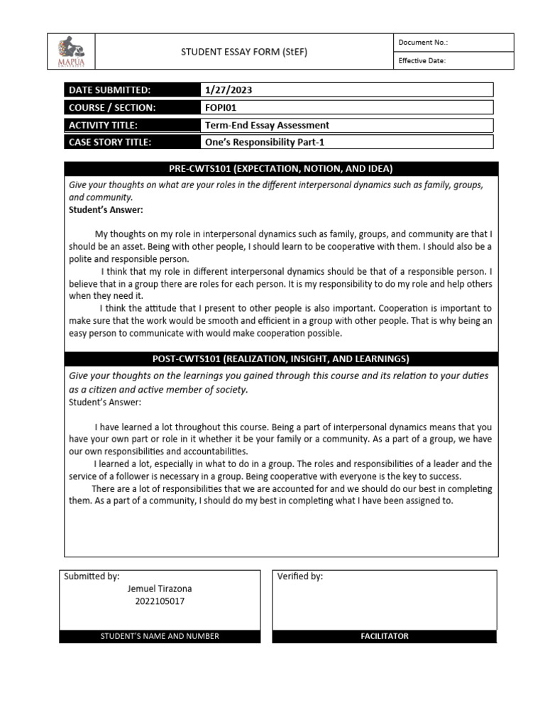 Form - CWTS101 Term End Essay Assessment part 1 - Essay on One’s Responsibility | PDF | Social ...