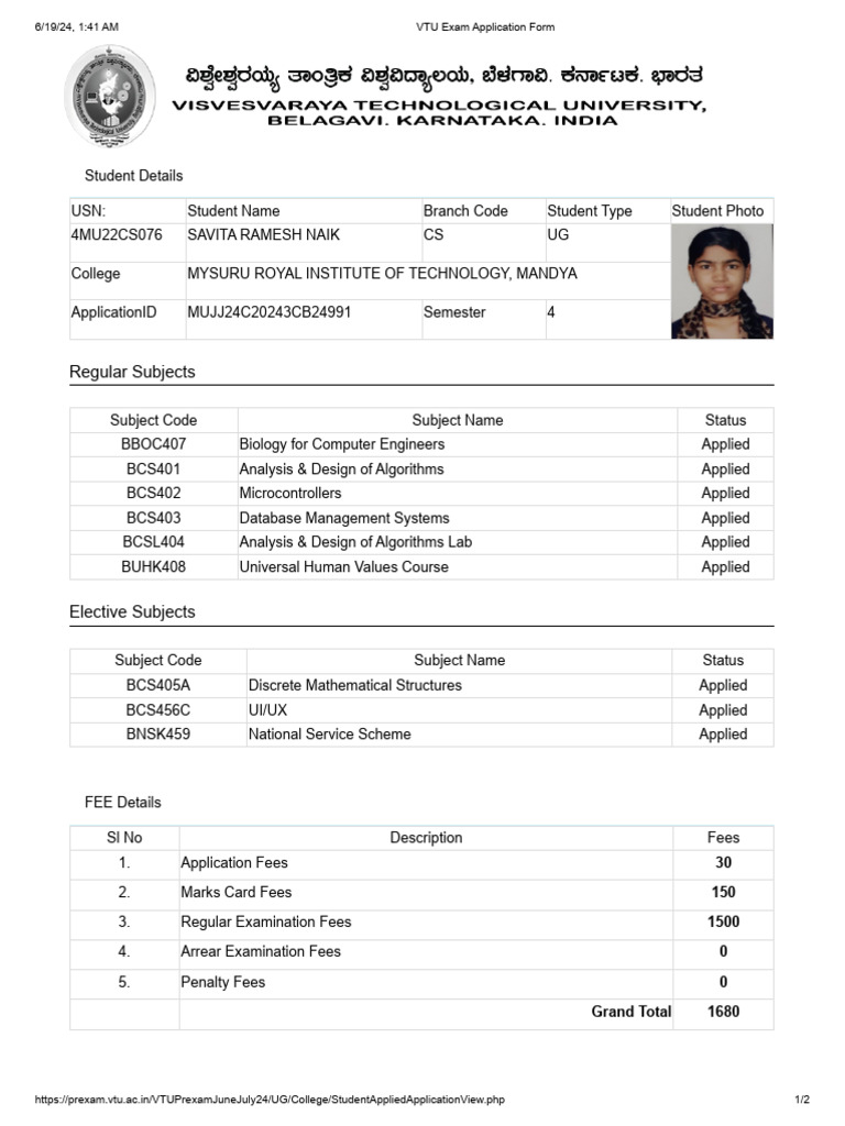 VTU Exam Application Form Savitha | PDF | Applied Mathematics ...