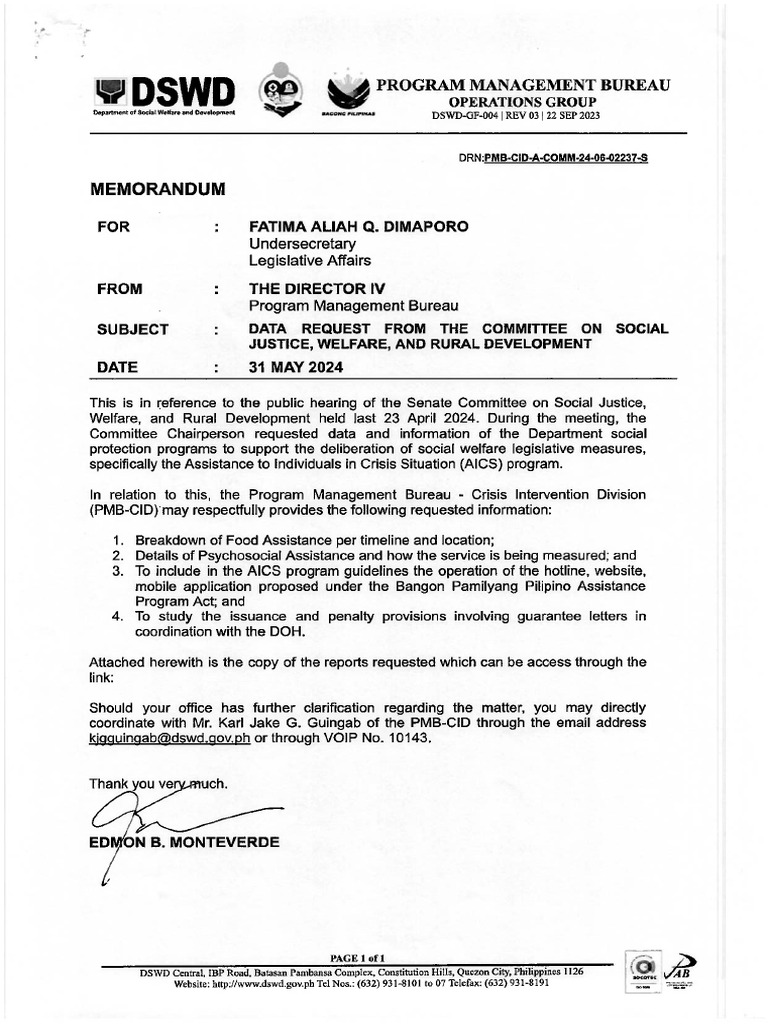 Data Request From The Committee On Social Justice, Welfare, and Rural ...