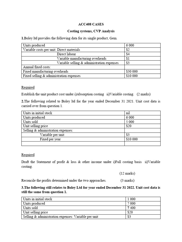 Acc408 Class Work Costing Systems CVP Analysis | PDF | Market ...