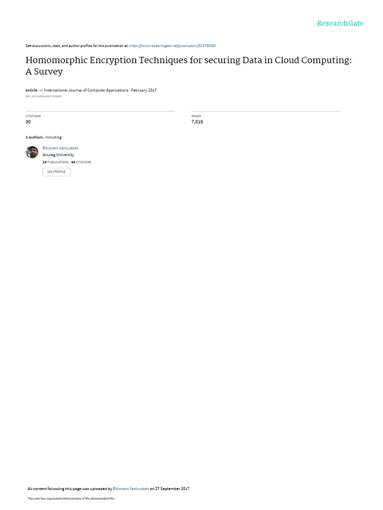 Homomorphic Encryption for Cloud Data Security | PDF | Cryptography | Encryption
