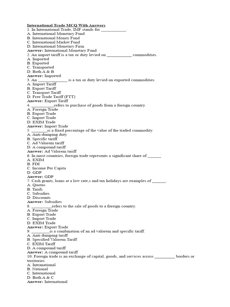 International Trade MCQ With Answers | PDF | World Trade Organization ...