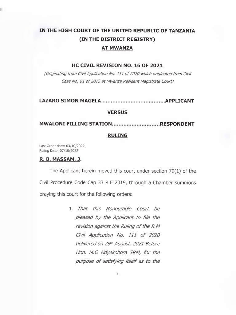 Lazaro Simon Magela Vs Mwaloni Filing Station (Civil Revision ...