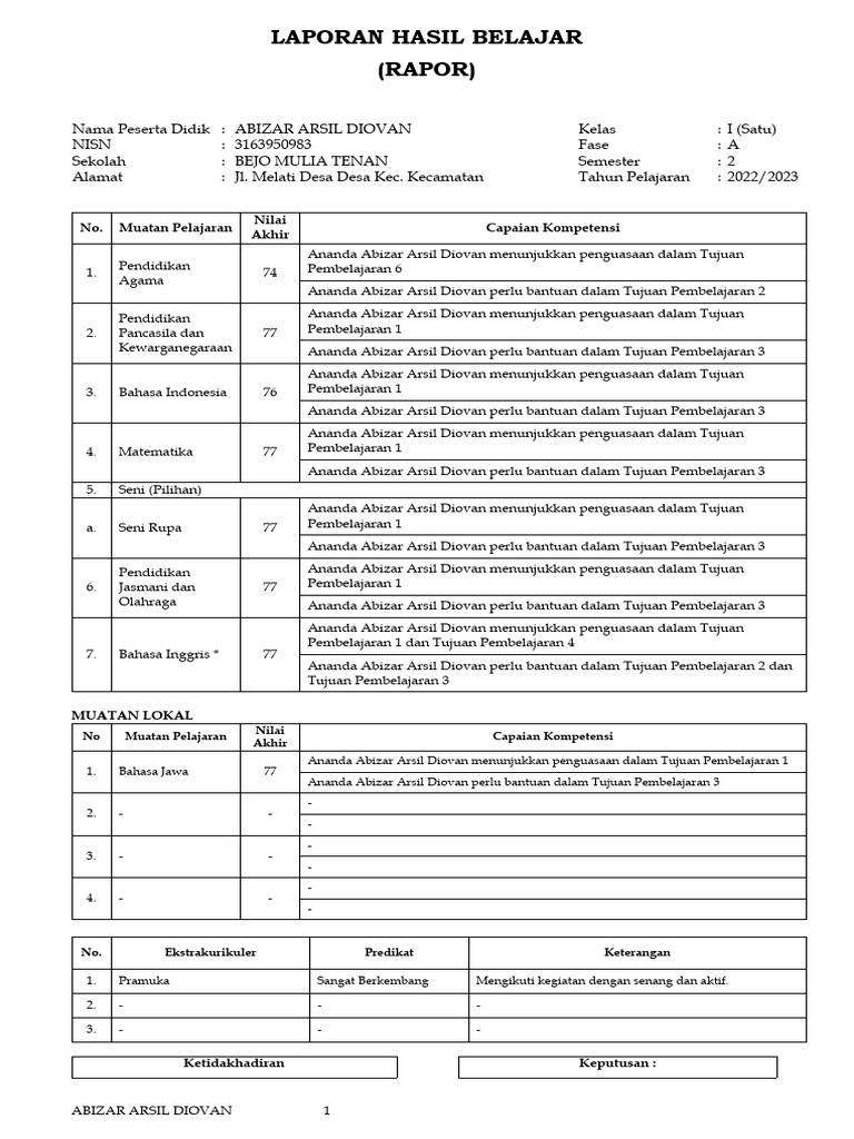 Template Rapor Kumer Fase A Semester 2 | PDF