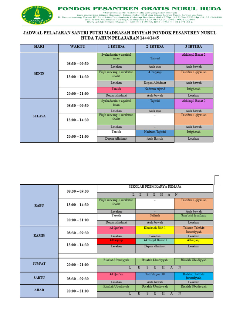 Jadwal Pelajaran Putri 2024 Edit | PDF