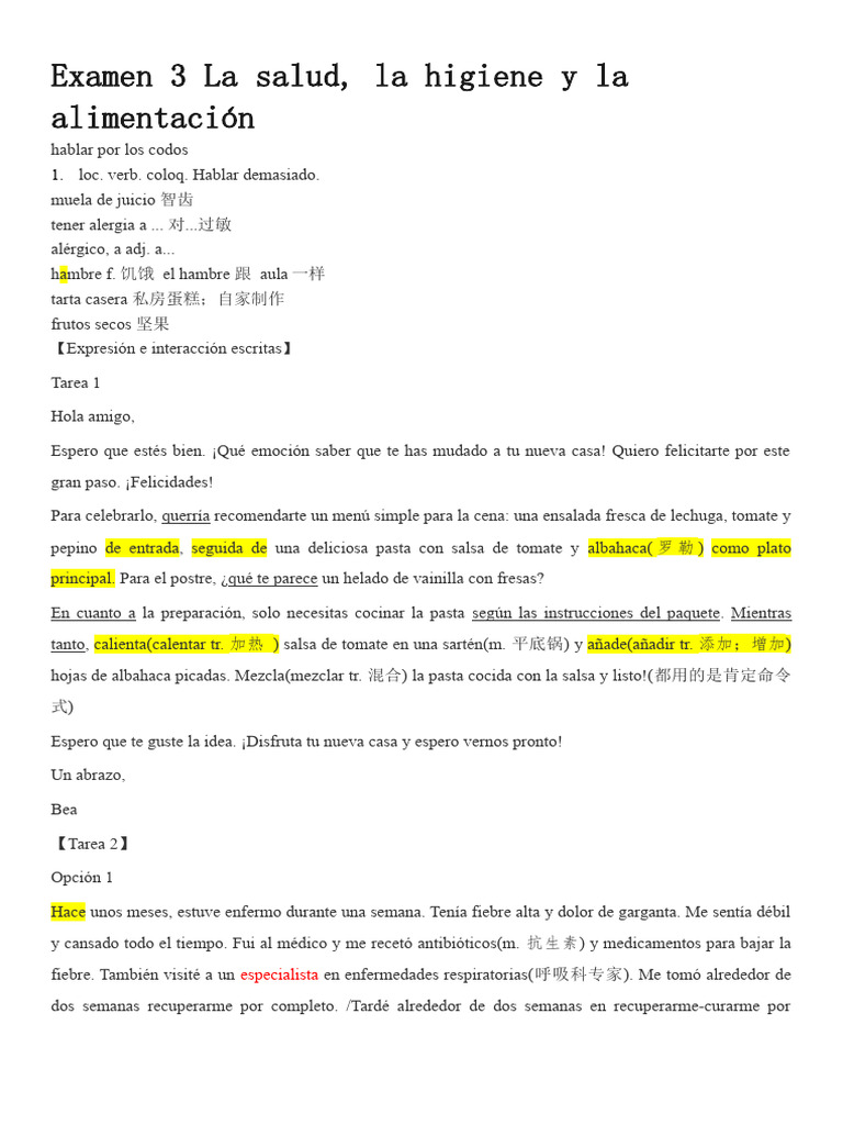 Examen 3 La Salud, La Higiene y La Alimentación | PDF