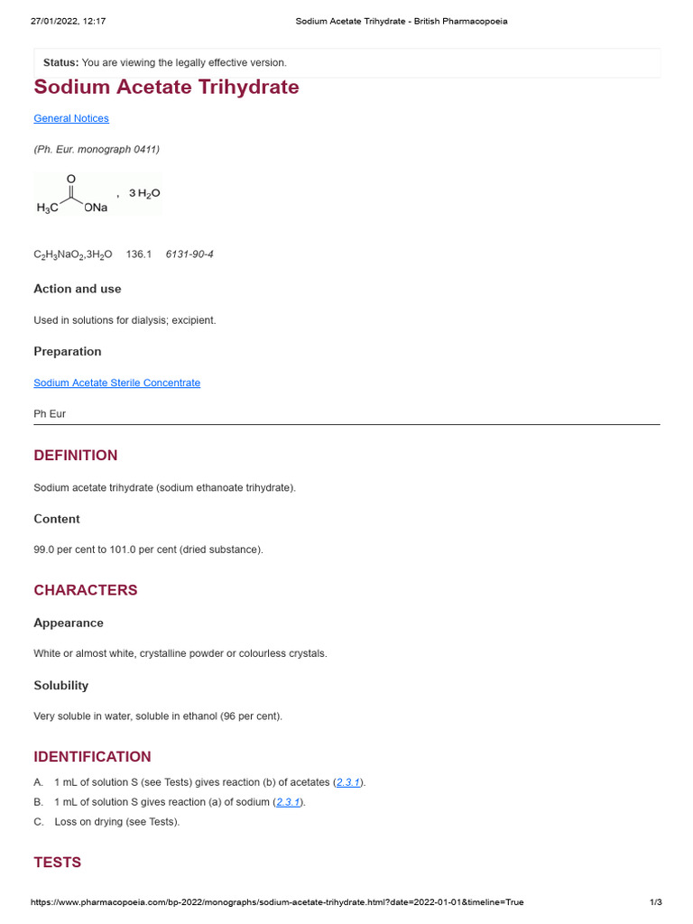Sodium Acetate Trihydrate - BP2022 | PDF | Solubility | Acetic Acid