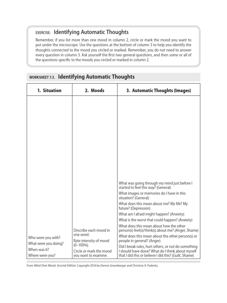 Mind Over Mood - Worksheet 7.3 - Identifying Automatic Thoughts | PDF Mind Over Mood - Worksheet 7.3 - Identifying Automatic Thoughts | PDF