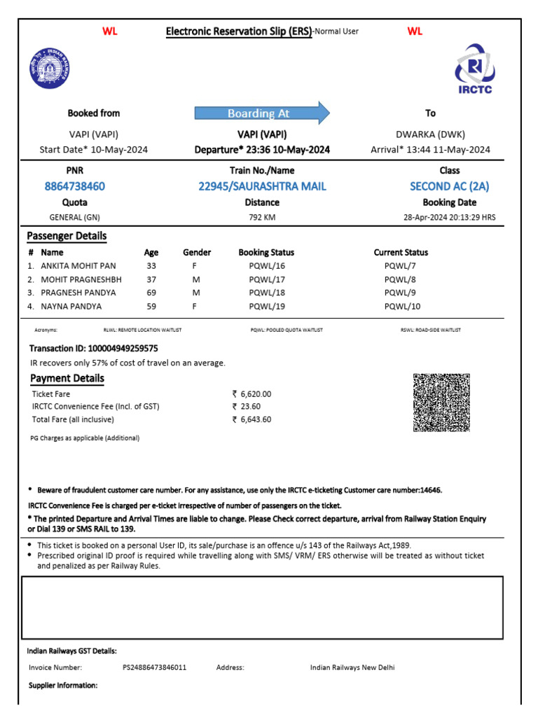 22945/saurashtra Mail Second Ac (2A) : WL WL | PDF | Identity Document