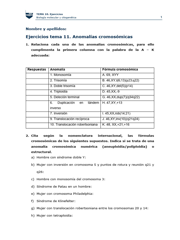 Ejercicios T11 | PDF | Citogenética | Deleción (Genética)