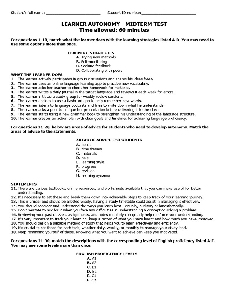 Autonomy Midterm Test 2023 - Handout | PDF | Learning | Motivation