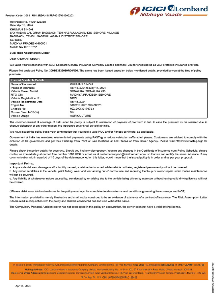 KHUMAN SINGH 1 Month Policy | PDF | Insurance | Pro Rata