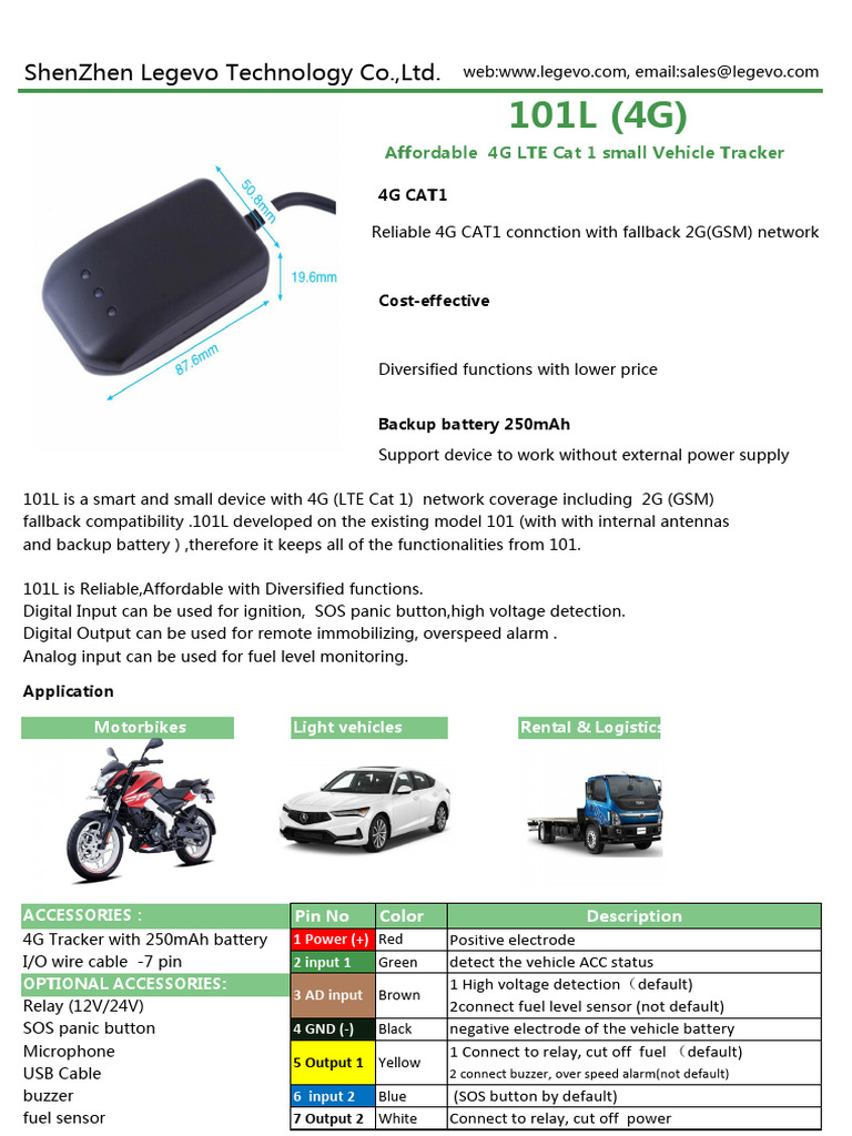 LEGEVO - 4G LTE - 101L GPS Tracker - Data Sheet - Manual Tecnico - V1.2 | PDF | 4 G | Computer ...