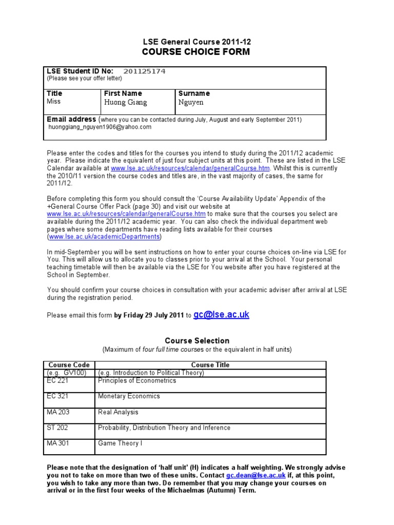 LSE General Course 2011-12 Selection Form | PDF | Language Arts ...