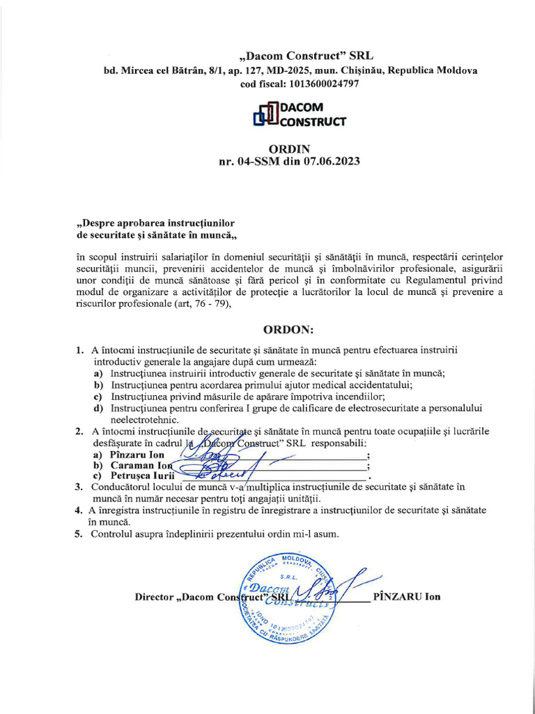 7 Ordin de Aprobare Instructiuni de Protectie Dacons SSM | PDF