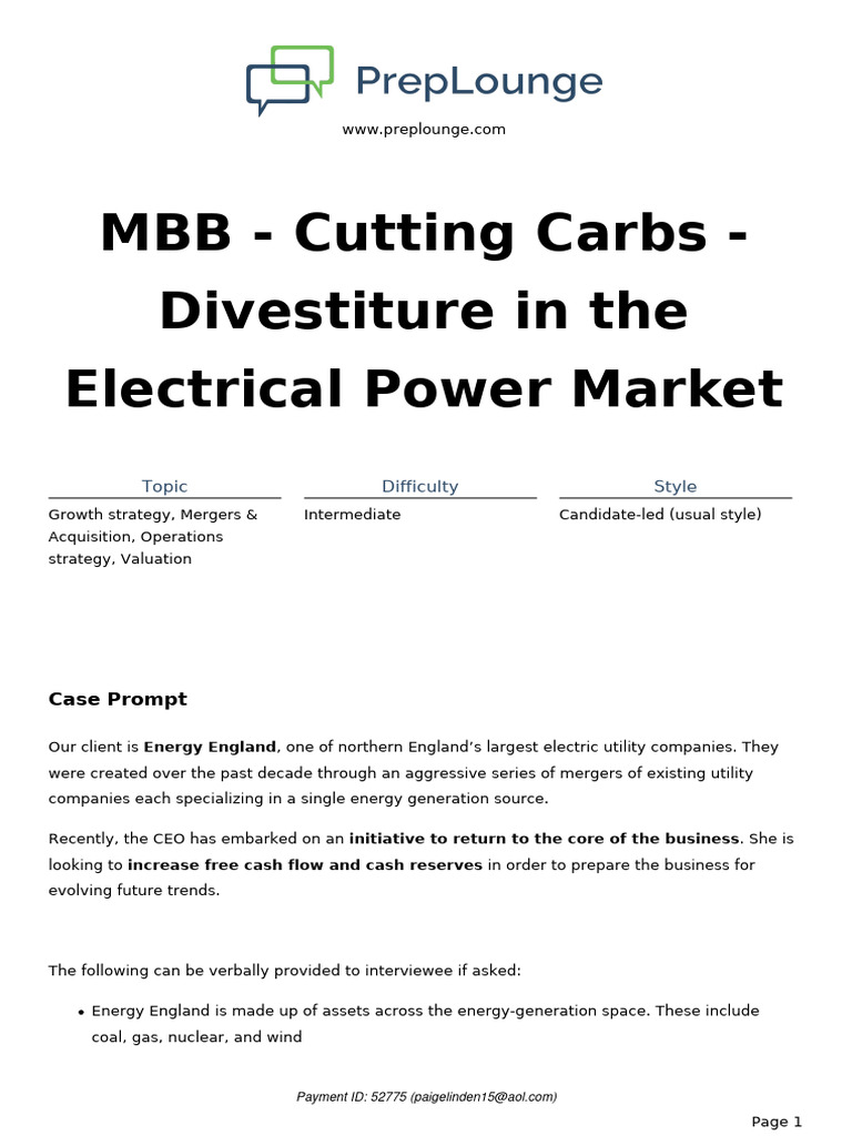 Case - MBB Cutting Carbs Divestiture in The Electrical Power Market ...