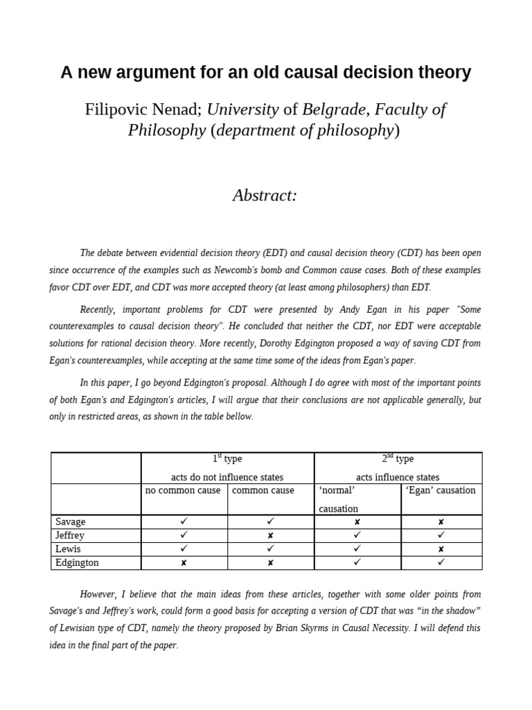A New Argument For An Old Causal Decision Theory (Full Text) | PDF | Causality | Rationality