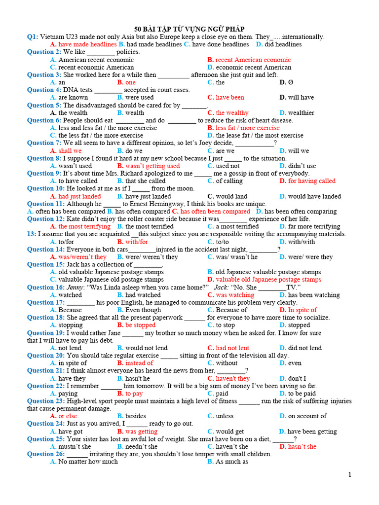 50 Bài Tập Từ Vựng Ngữ Pháp Th2 | PDF