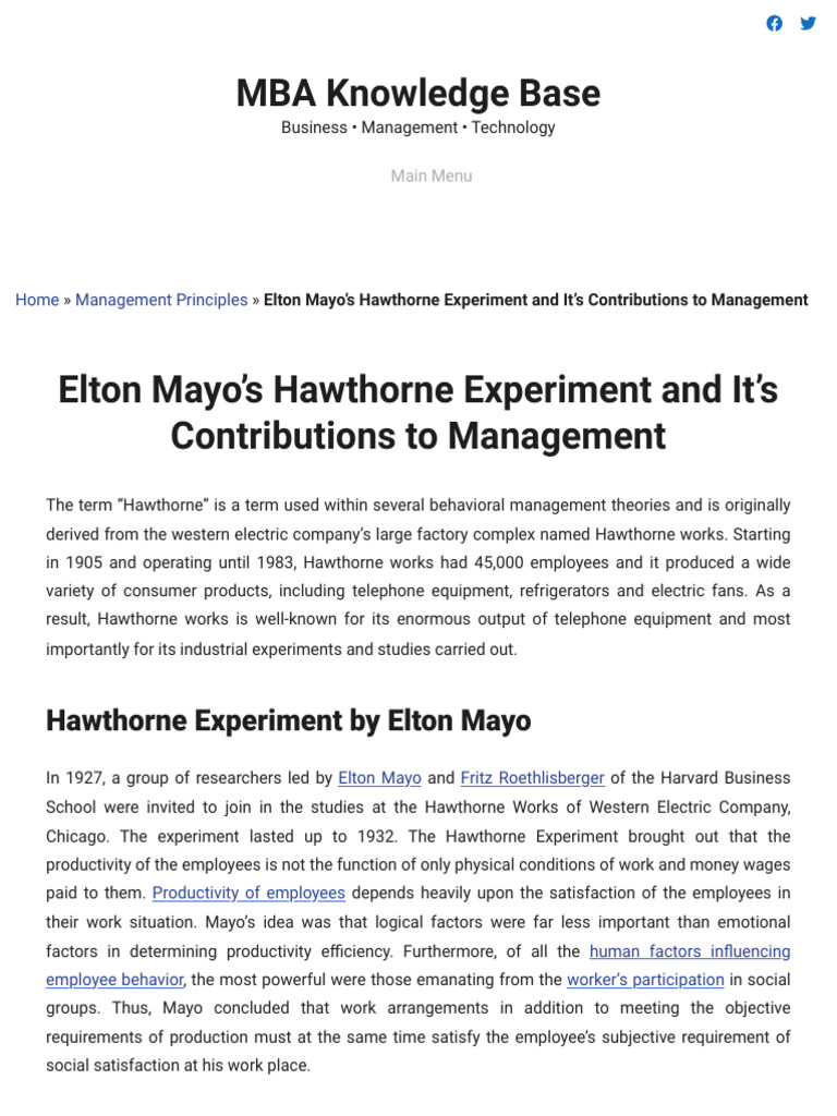 Elton Mayo's Hawthorne Experiment and It's Contributions to Mana ...